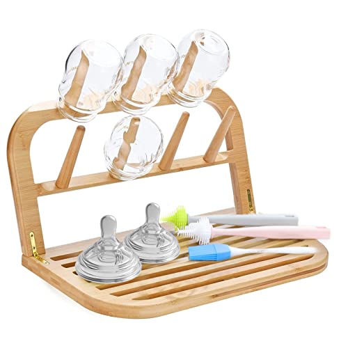 Bamboo Baby Bottle Drying Rack, Space Saving Kitchen Drying Rack & Bottle Holder for Plastic Bag, Cup, Glass, Dish, Accessories, Reusable Ziplock and Freezer Bag Dryer Rack