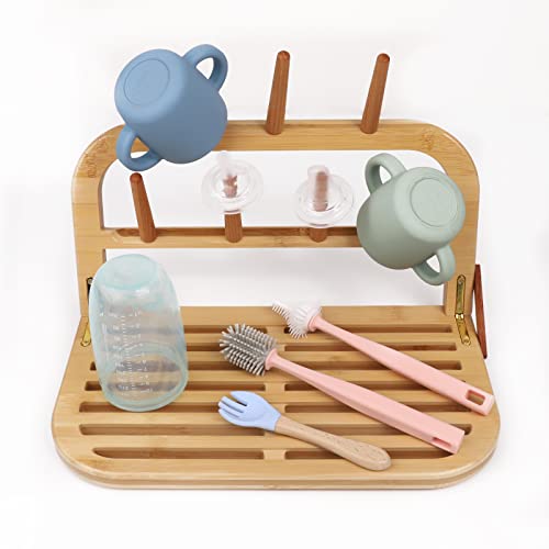 Bamboo Baby Bottle Drying Rack, Space Saving Kitchen Drying Rack & Bottle Holder for Plastic Bag, Cup, Glass, Dish, Accessories, Reusable Ziplock and Freezer Bag Dryer Rack