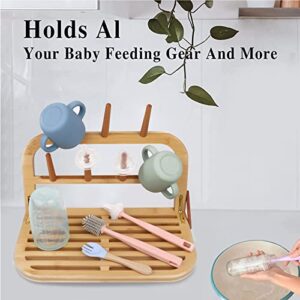 Bamboo Baby Bottle Drying Rack, Space Saving Kitchen Drying Rack & Bottle Holder for Plastic Bag, Cup, Glass, Dish, Accessories, Reusable Ziplock and Freezer Bag Dryer Rack