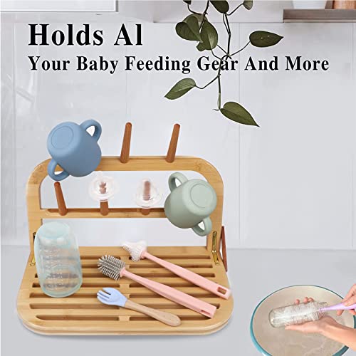 Bamboo Baby Bottle Drying Rack, Space Saving Kitchen Drying Rack & Bottle Holder for Plastic Bag, Cup, Glass, Dish, Accessories, Reusable Ziplock and Freezer Bag Dryer Rack