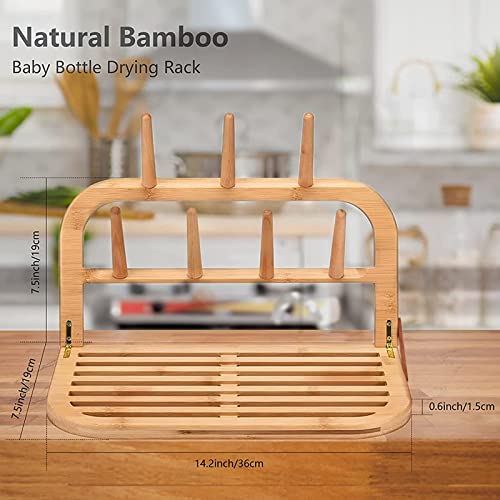 Bamboo Baby Bottle Drying Rack, Space Saving Kitchen Drying Rack & Bottle Holder for Plastic Bag, Cup, Glass, Dish, Accessories, Reusable Ziplock and Freezer Bag Dryer Rack