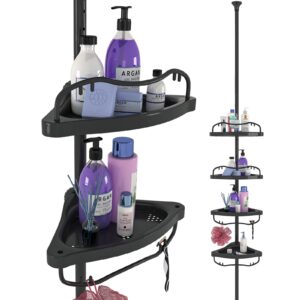 corner shower caddy organizer with tension pole, adjustable rustproof shower caddy with 4 tier shelf for bathroom bathtub tub shampoo accessories - 38 to 116 inch height, black