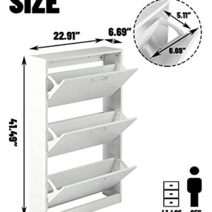 HOPUBUY Narrow Shoe Cabinet for Entryway, White Shoe Storage Cabinet, Slim Flip Down Shoe Rack 3 Tier Shoe Organizer for Home and Apartment