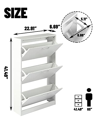 HOPUBUY Narrow Shoe Cabinet for Entryway, White Shoe Storage Cabinet, Slim Flip Down Shoe Rack 3 Tier Shoe Organizer for Home and Apartment