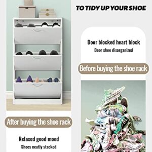 HOPUBUY Narrow Shoe Cabinet for Entryway, White Shoe Storage Cabinet, Slim Flip Down Shoe Rack 3 Tier Shoe Organizer for Home and Apartment