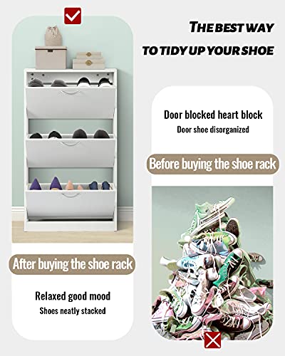 HOPUBUY Narrow Shoe Cabinet for Entryway, White Shoe Storage Cabinet, Slim Flip Down Shoe Rack 3 Tier Shoe Organizer for Home and Apartment