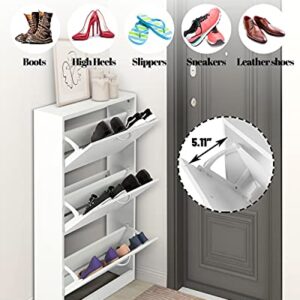 HOPUBUY Narrow Shoe Cabinet for Entryway, White Shoe Storage Cabinet, Slim Flip Down Shoe Rack 3 Tier Shoe Organizer for Home and Apartment