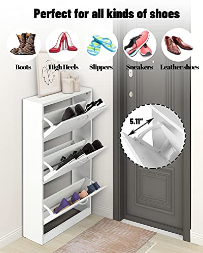 HOPUBUY Narrow Shoe Cabinet for Entryway, White Shoe Storage Cabinet, Slim Flip Down Shoe Rack 3 Tier Shoe Organizer for Home and Apartment