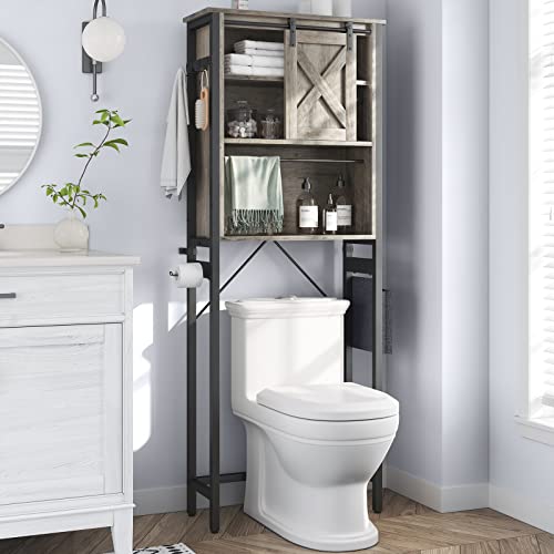 Itaar Over The Toilet Storage Cabinet, Farmhouse Bathroom Storage, 4-Tier Bathroom Shelves, Over Toilet Bathroom Organizer with Storage Bag and Hooks, Grey