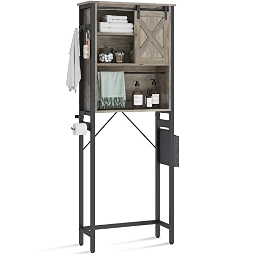 Itaar Over The Toilet Storage Cabinet, Farmhouse Bathroom Storage, 4-Tier Bathroom Shelves, Over Toilet Bathroom Organizer with Storage Bag and Hooks, Grey