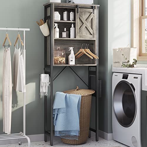 Itaar Over The Toilet Storage Cabinet, Farmhouse Bathroom Storage, 4-Tier Bathroom Shelves, Over Toilet Bathroom Organizer with Storage Bag and Hooks, Grey