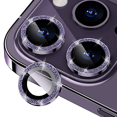 Xfilm Camera Lens Protector for iPhone 14 Pro/iPhone 14 Pro Max, Bling Glitter 9H Hardness Drop-Proof Metal Individual Ring Protector, Strong Adsorption, Case Friendly (Deep Purple Glitter)