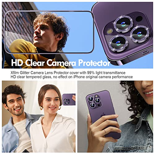 Xfilm Camera Lens Protector for iPhone 14 Pro/iPhone 14 Pro Max, Bling Glitter 9H Hardness Drop-Proof Metal Individual Ring Protector, Strong Adsorption, Case Friendly (Deep Purple Glitter)