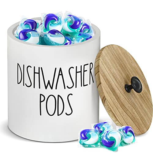 Rustic Round Dishwasher Pod Holder, Dishwasher Tablet Container for Kitchen Decor and Accessories, Wood Laundry Detergent Pods Container with Lid Laundry Detergent Storage, Kitchen Storage Container