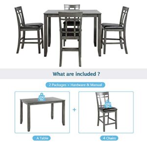 CKLMMC 5 Piece Vintage Dining Table Set, Wood Rectangular Counter Height Bar Table with 4 Leather Upholstered Chairs,Kitchen Furniture Set for Dining Room, Pub and Bistro