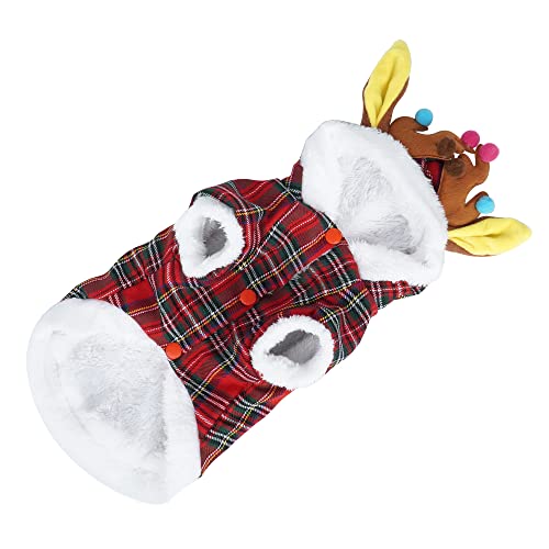 Filhome Puppy Dog Christmas Reindeer Costume, Pet Cat Elk Costume Hoodie Christmas Winter Coat Clothes Xmas Outfit Apparel for Party Cosplay Xmas Pet Dress Up(Red Plaid/L)