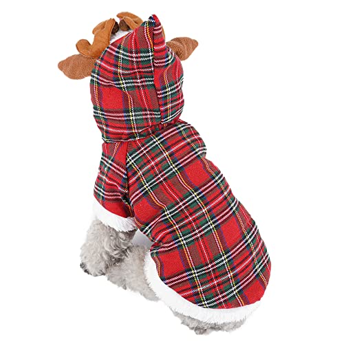 Filhome Puppy Dog Christmas Reindeer Costume, Pet Cat Elk Costume Hoodie Christmas Winter Coat Clothes Xmas Outfit Apparel for Party Cosplay Xmas Pet Dress Up(Red Plaid/L)