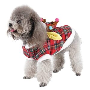 Filhome Puppy Dog Christmas Reindeer Costume, Pet Cat Elk Costume Hoodie Christmas Winter Coat Clothes Xmas Outfit Apparel for Party Cosplay Xmas Pet Dress Up(Red Plaid/L)