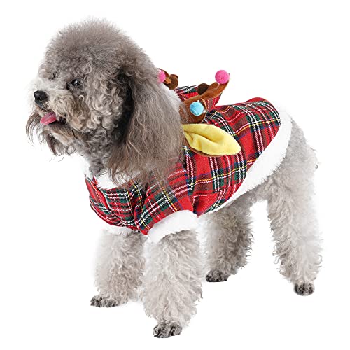 Filhome Puppy Dog Christmas Reindeer Costume, Pet Cat Elk Costume Hoodie Christmas Winter Coat Clothes Xmas Outfit Apparel for Party Cosplay Xmas Pet Dress Up(Red Plaid/L)