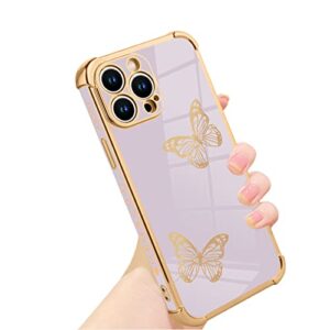 OOK Compatible with iPhone 14 Pro Max Case Luxury Plating Edge Bumper Case with Full Camera Lens Protection Cute Butterfly Pattern Cover for iPhone 14 Pro Max 6.7 Inch for Women Girl(Purple)