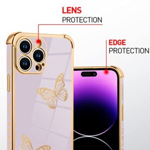 OOK Compatible with iPhone 14 Pro Max Case Luxury Plating Edge Bumper Case with Full Camera Lens Protection Cute Butterfly Pattern Cover for iPhone 14 Pro Max 6.7 Inch for Women Girl(Purple)