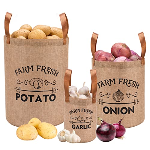 PARBEE Potato Storage for Pantry, Farmhouse Potato and Onion Holder Storage Bin, Kitchen Container Bags for Potato Onion Garlic with Handle, 3 Set