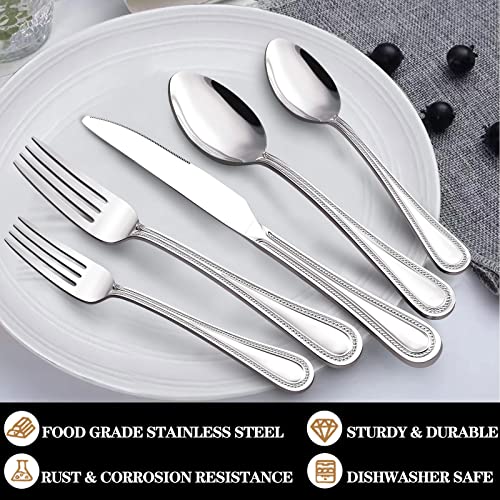 40-Piece Silverware Set, Paincco Stainless Steel Flatware Cutlery Set Service for 8, Pearled Edge Tableware Set Includes Knife Fork Spoon, Beading Utensil for Home Kitchen Restaurant, Dishwasher Safe