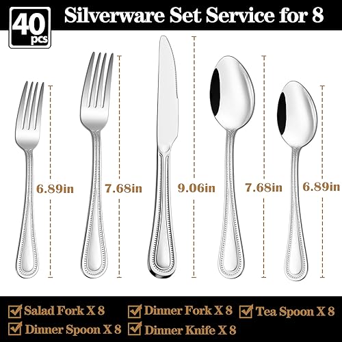 40-Piece Silverware Set, Paincco Stainless Steel Flatware Cutlery Set Service for 8, Pearled Edge Tableware Set Includes Knife Fork Spoon, Beading Utensil for Home Kitchen Restaurant, Dishwasher Safe