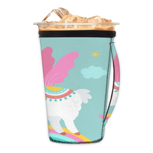 Reusable Iced Coffee Cup Sleeve Funny Llama Alpaca Rainbow Neoprene Insulated Sleeves Cup Holder with Handle Tumbler Sleeve Insulator Sleeves for Cold Hot Drinks Beverages 18-20oz