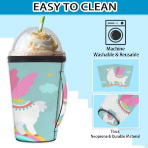 Reusable Iced Coffee Cup Sleeve Funny Llama Alpaca Rainbow Neoprene Insulated Sleeves Cup Holder with Handle Tumbler Sleeve Insulator Sleeves for Cold Hot Drinks Beverages 18-20oz