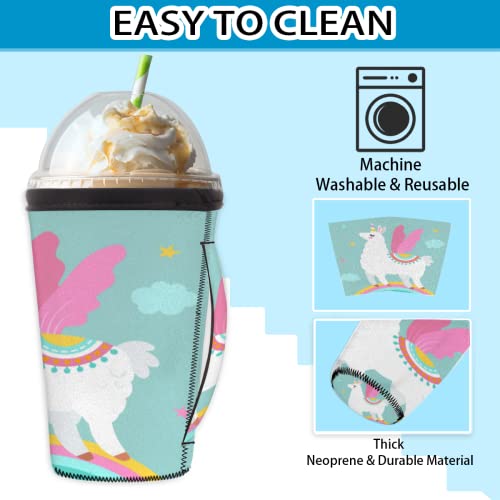 Reusable Iced Coffee Cup Sleeve Funny Llama Alpaca Rainbow Neoprene Insulated Sleeves Cup Holder with Handle Tumbler Sleeve Insulator Sleeves for Cold Hot Drinks Beverages 18-20oz