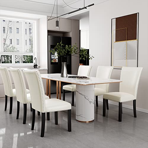 JESONVID Set of 6 Parsons Dining Chairs Faux Leather Kitchen Chair with Solid Wooden Legs Upholstered Soft Leather Padded Chairs with Nail-Head Trim-Ivory White