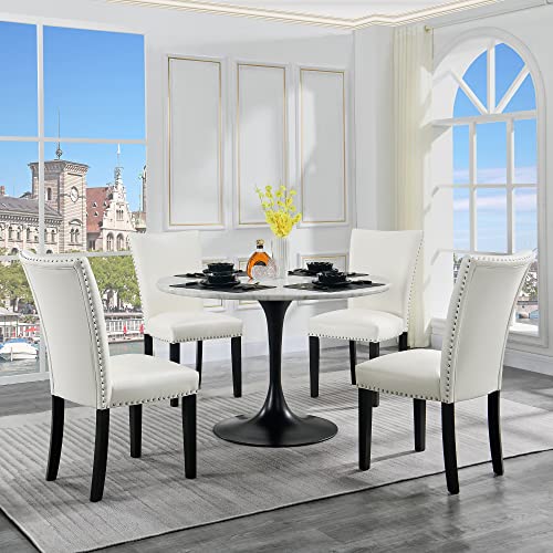 JESONVID Set of 6 Parsons Dining Chairs Faux Leather Kitchen Chair with Solid Wooden Legs Upholstered Soft Leather Padded Chairs with Nail-Head Trim-Ivory White