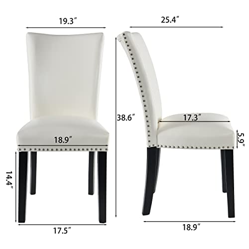 JESONVID Set of 6 Parsons Dining Chairs Faux Leather Kitchen Chair with Solid Wooden Legs Upholstered Soft Leather Padded Chairs with Nail-Head Trim-Ivory White