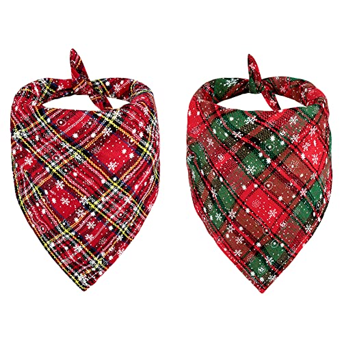 2 Pack Dog Bandanas Christmas Red Green Plaid Snowflake Dog Scarf Triangle Bibs Kerchief Set Dog Christmas Accessories Bandanas for Puppy Small Medium Dogs Pets (S, Colorful Red&Green)