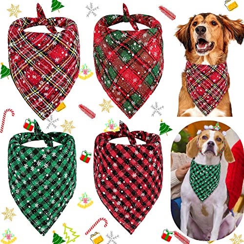 2 Pack Dog Bandanas Christmas Red Green Plaid Snowflake Dog Scarf Triangle Bibs Kerchief Set Dog Christmas Accessories Bandanas for Puppy Small Medium Dogs Pets (S, Colorful Red&Green)