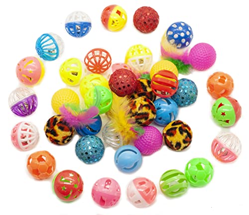 Fashion's Talk 40 Pack Plastic Ball Cat Toys Lattice Balls with Bell Jingle Bulk Kitten Toy, Gift Box Color Varies