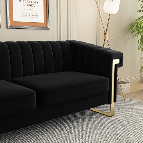 Burnt Orange Velvet Couch Sofa, 84 Wide Mid-Century Modern Love Seat Tufted Chesterfield Velvet Sofa Loveseat Futon with Curved Arm Gold Leg, 3 Seat Large Comfy Couches Sofas for Livingroom (Black 2)