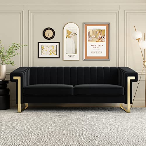 Burnt Orange Velvet Couch Sofa, 84 Wide Mid-Century Modern Love Seat Tufted Chesterfield Velvet Sofa Loveseat Futon with Curved Arm Gold Leg, 3 Seat Large Comfy Couches Sofas for Livingroom (Black 2)