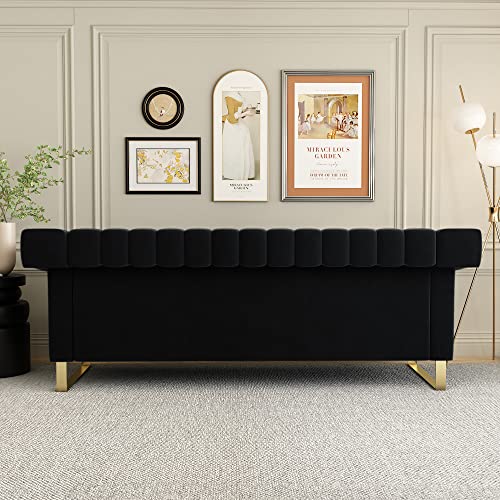 Burnt Orange Velvet Couch Sofa, 84 Wide Mid-Century Modern Love Seat Tufted Chesterfield Velvet Sofa Loveseat Futon with Curved Arm Gold Leg, 3 Seat Large Comfy Couches Sofas for Livingroom (Black 2)