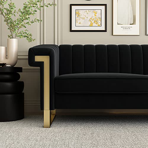 Burnt Orange Velvet Couch Sofa, 84 Wide Mid-Century Modern Love Seat Tufted Chesterfield Velvet Sofa Loveseat Futon with Curved Arm Gold Leg, 3 Seat Large Comfy Couches Sofas for Livingroom (Black 2)