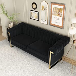 Burnt Orange Velvet Couch Sofa, 84 Wide Mid-Century Modern Love Seat Tufted Chesterfield Velvet Sofa Loveseat Futon with Curved Arm Gold Leg, 3 Seat Large Comfy Couches Sofas for Livingroom (Black 2)