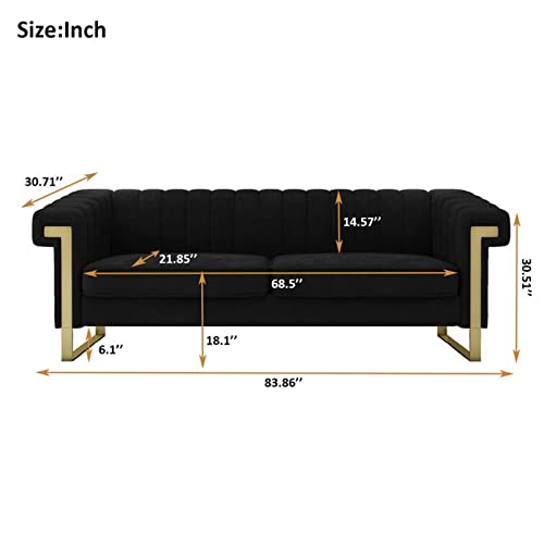 Burnt Orange Velvet Couch Sofa, 84 Wide Mid-Century Modern Love Seat Tufted Chesterfield Velvet Sofa Loveseat Futon with Curved Arm Gold Leg, 3 Seat Large Comfy Couches Sofas for Livingroom (Black 2)