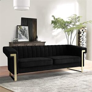 Burnt Orange Velvet Couch Sofa, 84 Wide Mid-Century Modern Love Seat Tufted Chesterfield Velvet Sofa Loveseat Futon with Curved Arm Gold Leg, 3 Seat Large Comfy Couches Sofas for Livingroom (Black 2)