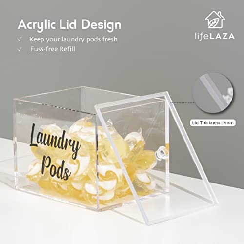 LifeLAZA Acrylic Laundry Pods Container with Lid, Clear Holder For Tide Pod, Laundry Detergent Capsules Storage, Dispenser Jar Box Organization for Laundry Room Decor (Black Font)