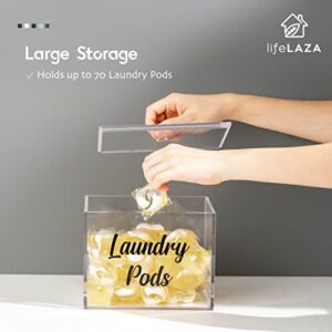 LifeLAZA Acrylic Laundry Pods Container with Lid, Clear Holder For Tide Pod, Laundry Detergent Capsules Storage, Dispenser Jar Box Organization for Laundry Room Decor (Black Font)