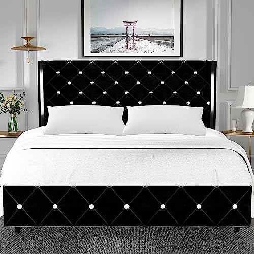 4 EVER WINNER Full Size Bed Frame with Headboard, Black Velvet Bed Frame with Diamond Headboard and Wingback, Tufted Mattress Foundation with Solid Wood Slats Support/No Box Spring Needed