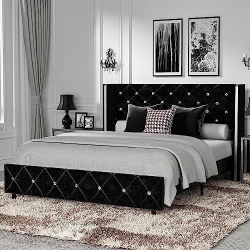 4 EVER WINNER Full Size Bed Frame with Headboard, Black Velvet Bed Frame with Diamond Headboard and Wingback, Tufted Mattress Foundation with Solid Wood Slats Support/No Box Spring Needed