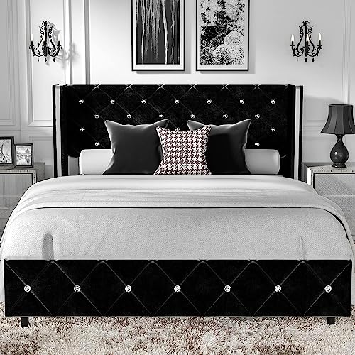 4 EVER WINNER Full Size Bed Frame with Headboard, Black Velvet Bed Frame with Diamond Headboard and Wingback, Tufted Mattress Foundation with Solid Wood Slats Support/No Box Spring Needed