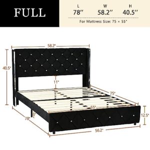 4 EVER WINNER Full Size Bed Frame with Headboard, Black Velvet Bed Frame with Diamond Headboard and Wingback, Tufted Mattress Foundation with Solid Wood Slats Support/No Box Spring Needed